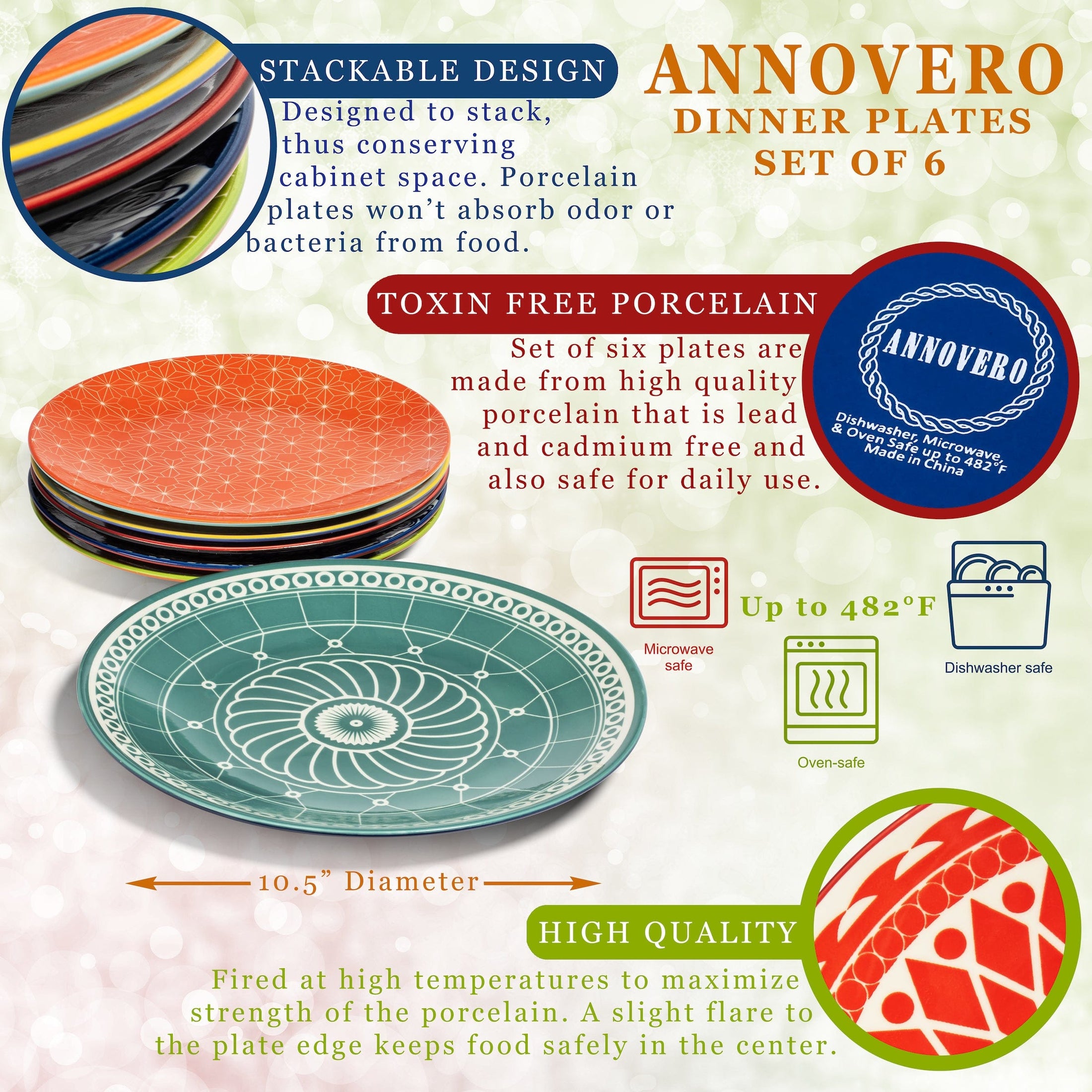 Annovero Colorful Dinner Plates, 10.5 Inch Diameter, Set of 6